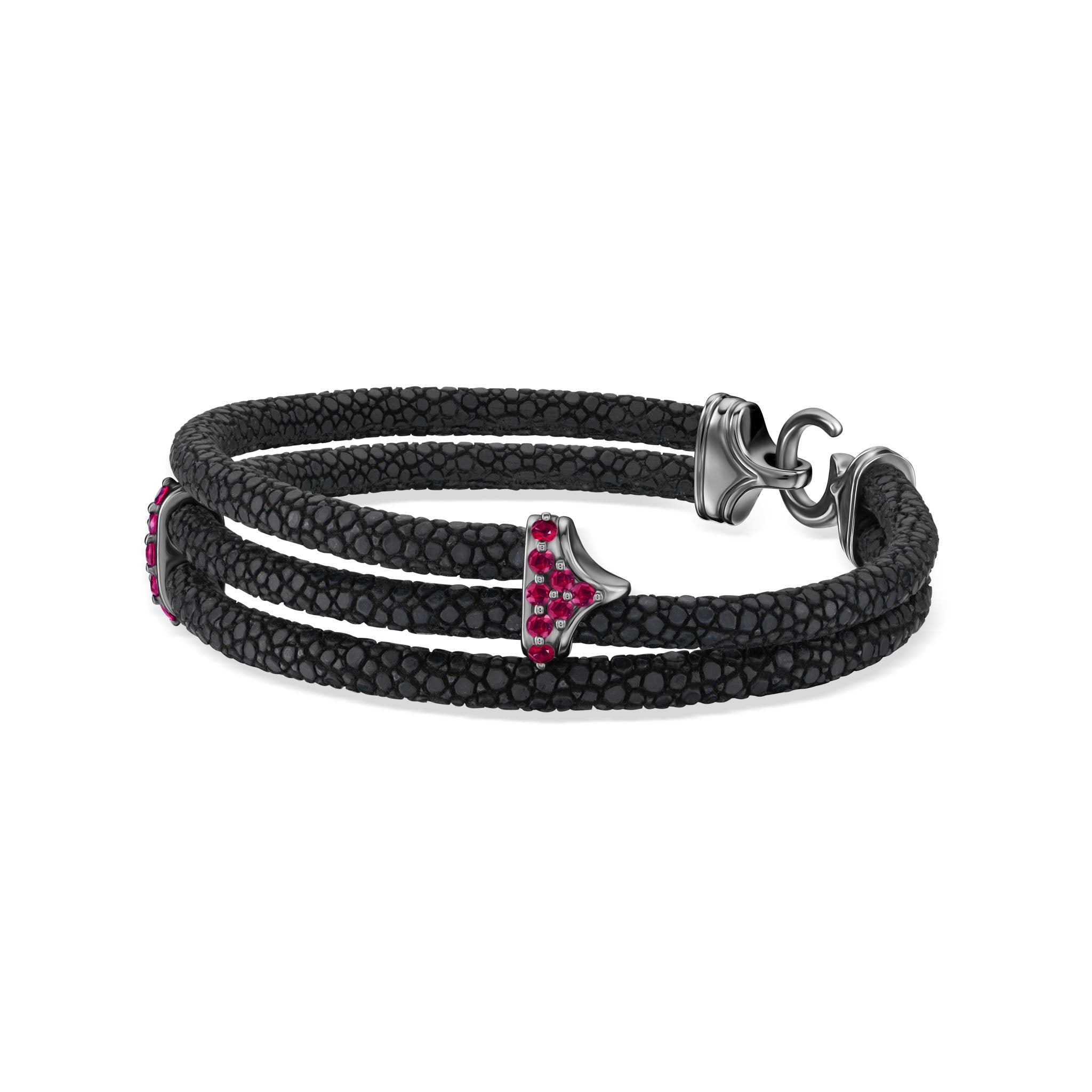 B422 - Black Platinum-Plated Silver with Ruby Triplets on Black Stingr – StingHD